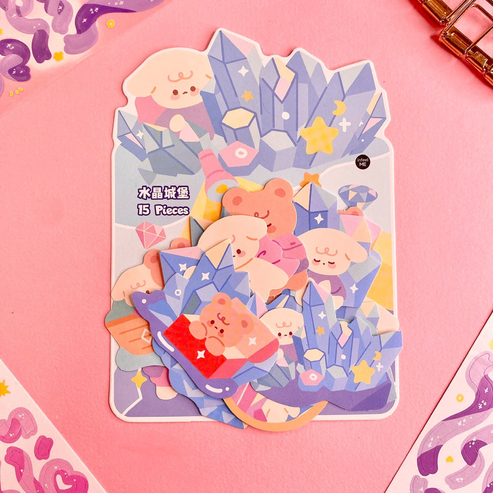 Set de Stickers – Osito & Cristales Mágicos (15 piezas) 🐻 – Happy Cliff